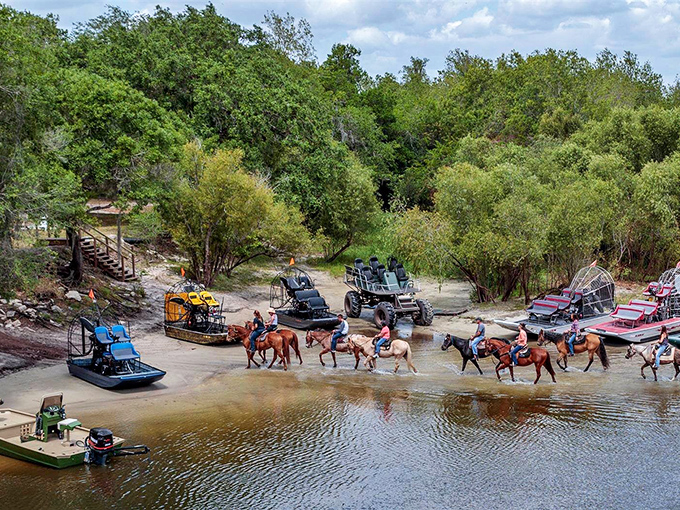 Horseback riders ford the Peace River, creating a scene straight out of an old Western&mdash;if cowboys had access to airboats and ATVs.