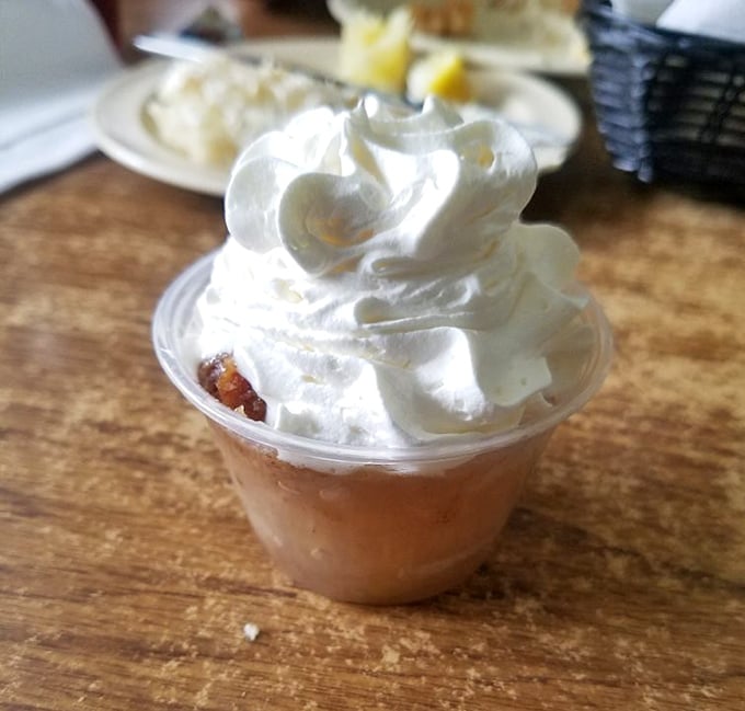Cloud-like whipped cream crowning what might be the world's most comforting peach dessert—proof that heaven exists in small-town diners.