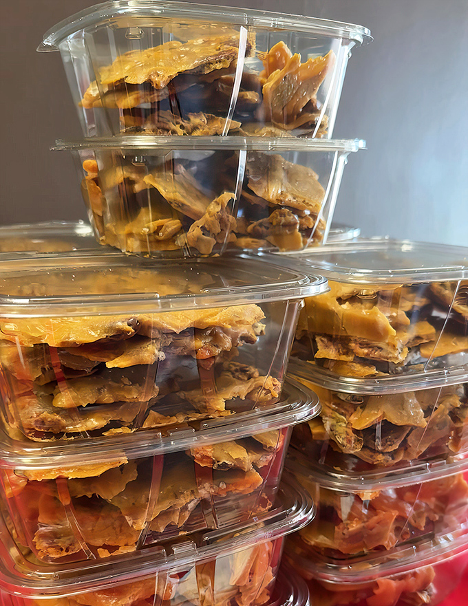 Stacks of golden brittle waiting to be discovered &ndash; like archaeological layers of deliciousness that reveal the ancient art of candy-making.