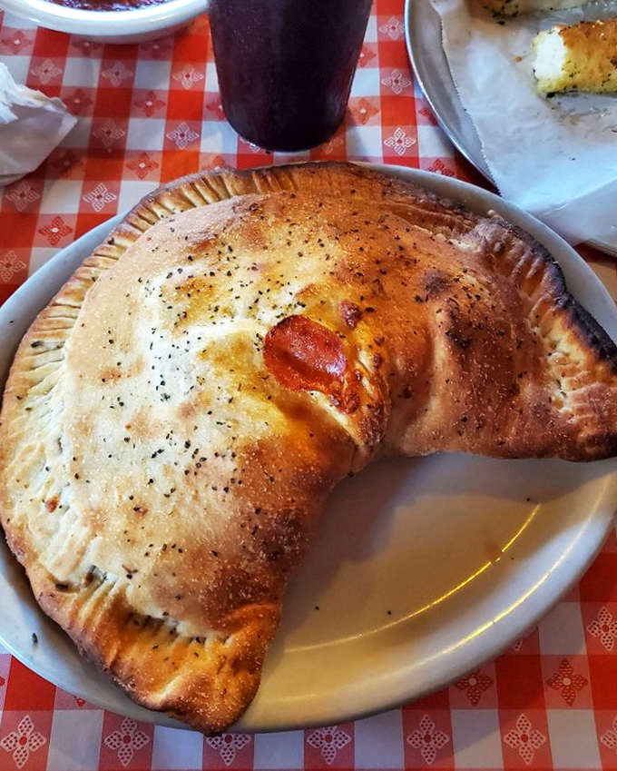 This golden calzone puffs with pride, holding secrets only your taste buds can unlock.