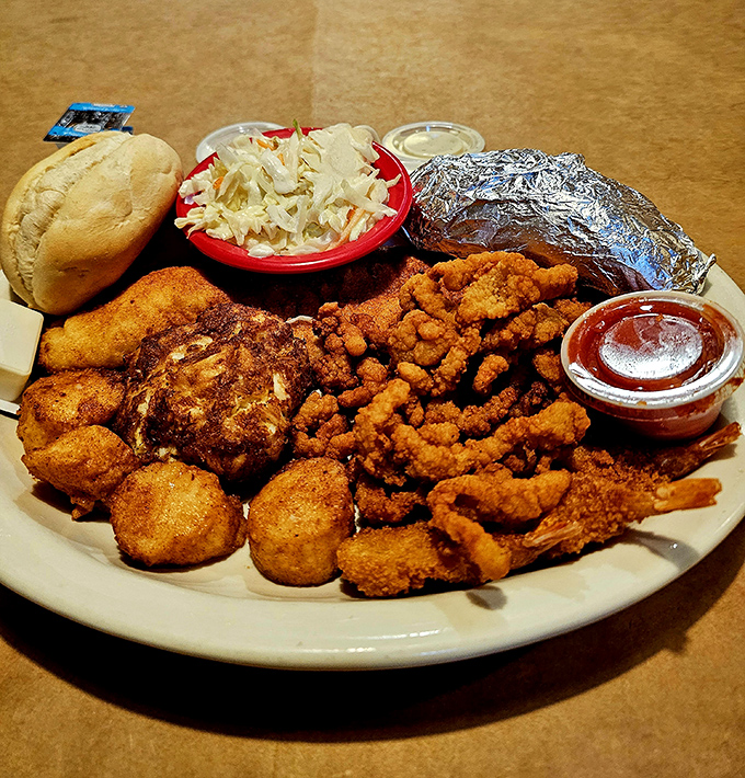 This platter doesn't need a fancy introduction&mdash;the golden-fried seafood, creamy coleslaw, and fresh roll speak volumes about Old Mill's priorities.