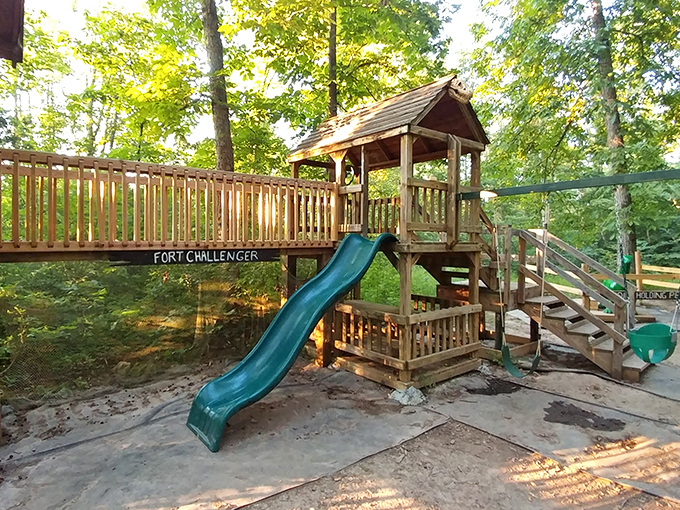 "Fort Challenger" playground complete with slide and wooden walkways gives younger paleontologists a chance to burn energy between dinosaur encounters.