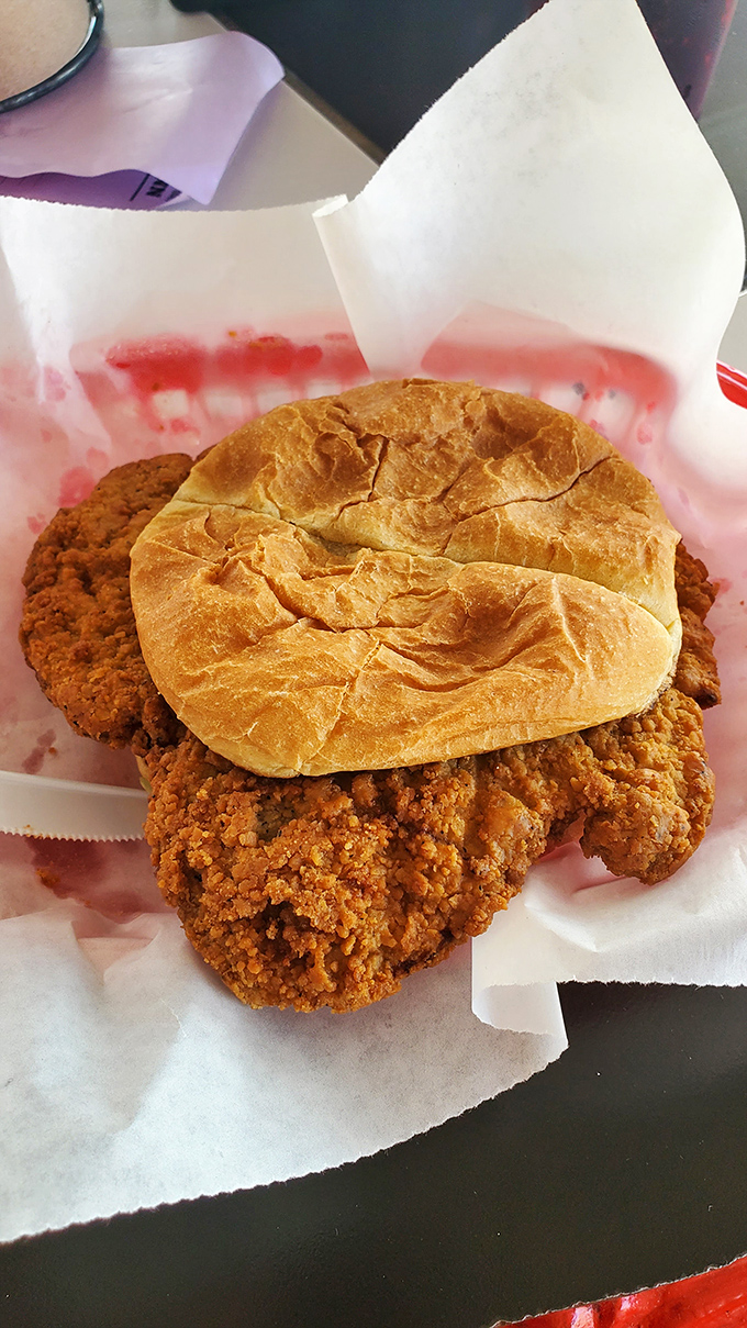 The pork tenderloin sandwich that launched a thousand road trips. That golden-brown breading extending well beyond its bun is the fashion statement we all need.