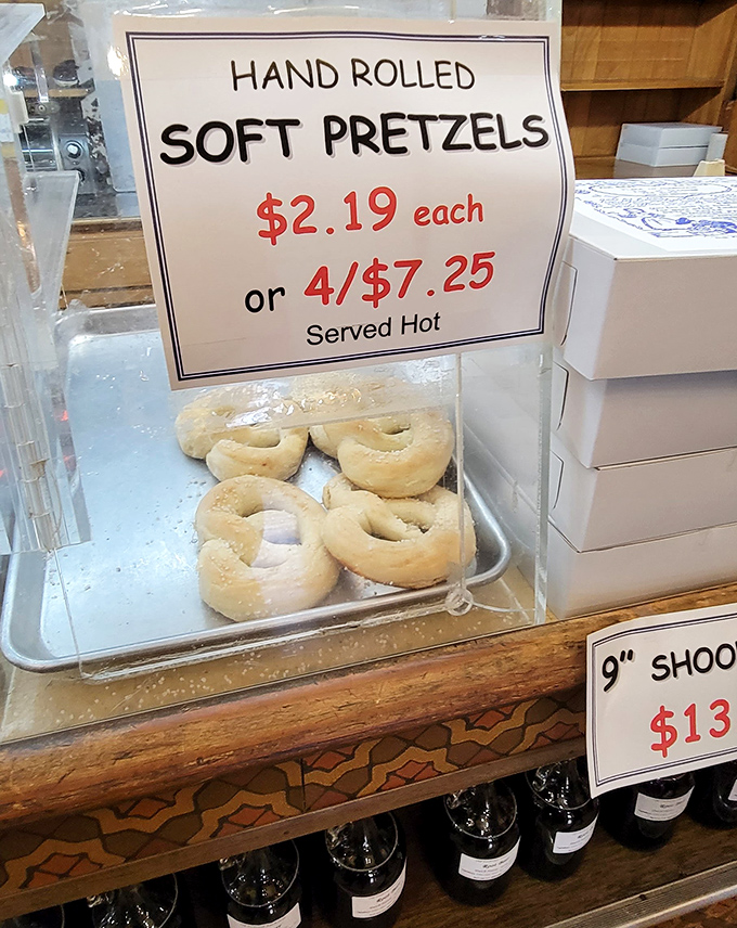 Hand-rolled soft pretzels displayed behind glass &ndash; a carb-lover's dream that pairs perfectly with local mustard and a hearty appetite.
