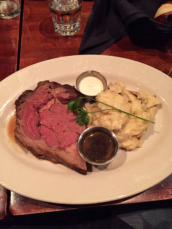 Prime rib so perfectly pink it could make a vegetarian weep, accompanied by mashed potatoes that clearly weren't born from a box.