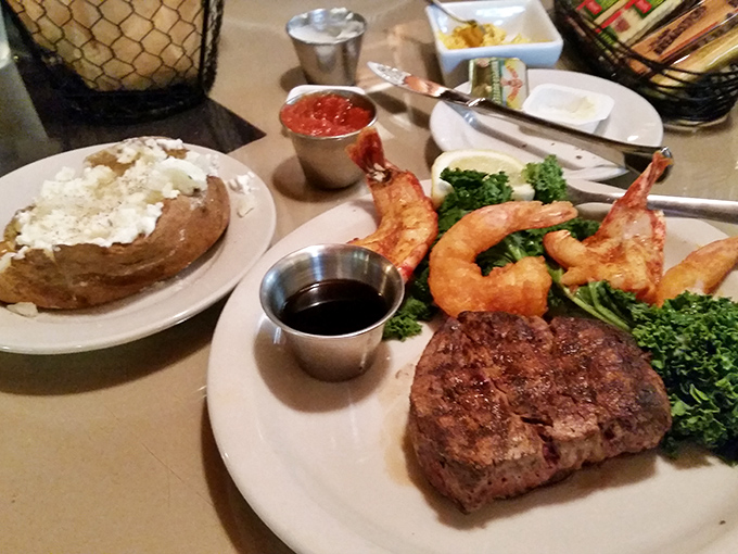 That loaded baked potato could feed a small village, while the steak and shrimp combo proves Wisconsin knows its way around both land and sea.