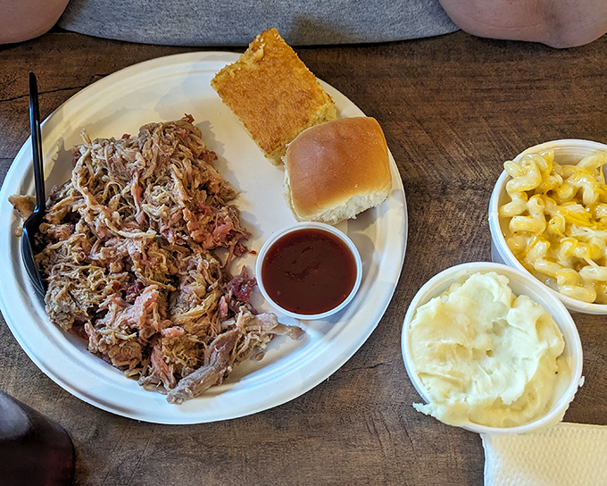 Pulled pork that's achieved that magical state between chunky and tender, with cornbread standing by for sauce-sopping duty.