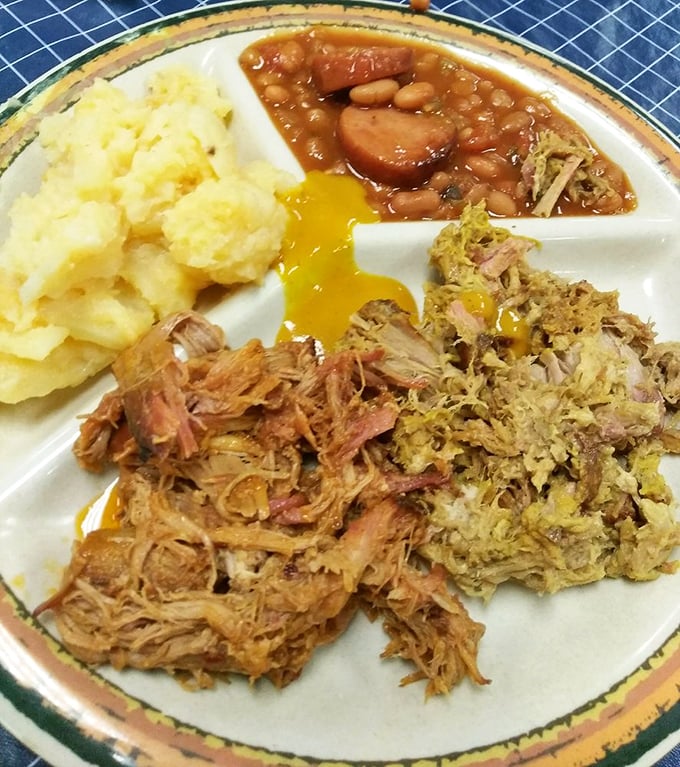 The holy trinity of Southern plates: pulled pork, baked beans, and potato salad. A balanced diet according to barbecue nutritionists everywhere.
