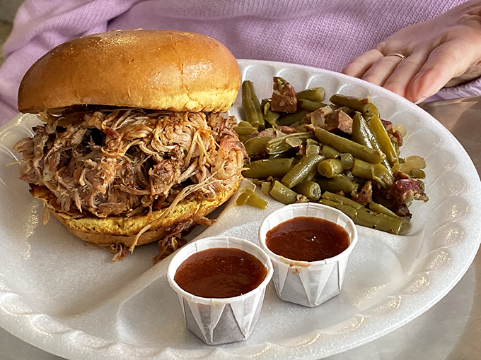 A pulled pork sandwich that requires both hands and several napkins. The mountain of tender, smoky meat threatens to escape its bun at any moment.