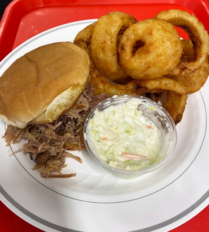 The pulled pork sandwich with onion rings and coleslaw&mdash;proof that happiness can indeed be served on a white plate.