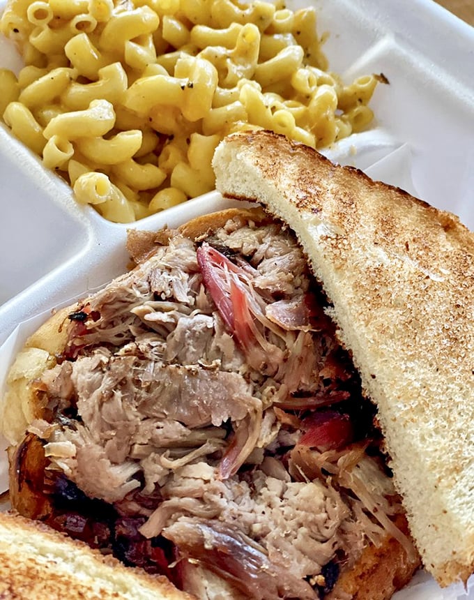 This pulled pork sandwich isn't just a meal, it's a commitment to happiness, with mac and cheese that's clearly had a proper upbringing.