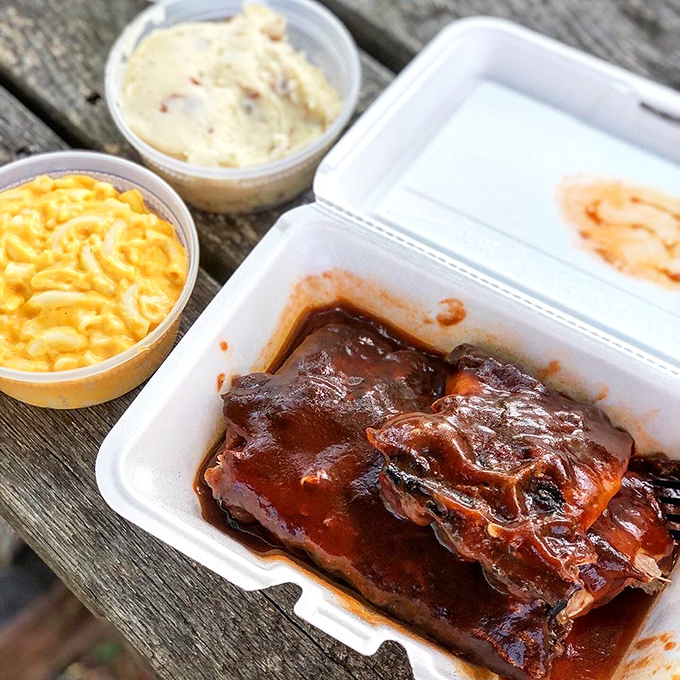 BBQ ribs with mac and cheese&mdash;a combination so perfect it should have its own national holiday. The sauce-lacquered meat practically begs to be devoured.