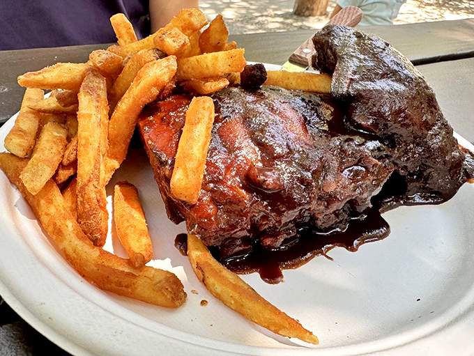 Carnivore's dream: These glistening ribs aren't just fall-off-the-bone tender; they're practically jumping into your mouth while the fries cheer them on.