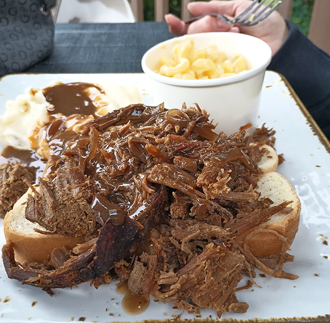 This open-faced hot roast beef sandwich isn't just dinner&mdash;it's edible therapy after a long day on the trail. Mac and cheese as a side? Genius.