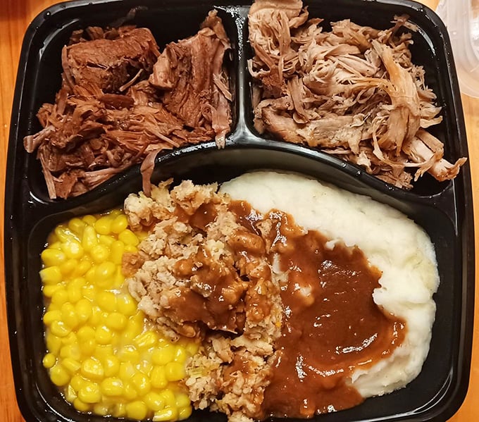 This isn't just a takeout container; it's a treasure chest of slow-cooked roast beef and comfort classics that makes your microwave feel like it just won the lottery.