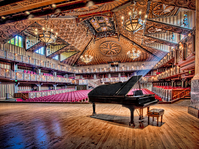 Festival Hill's concert hall interior stuns with ornate woodwork and perfect acoustics - Carnegie Hall with a Texas twang.