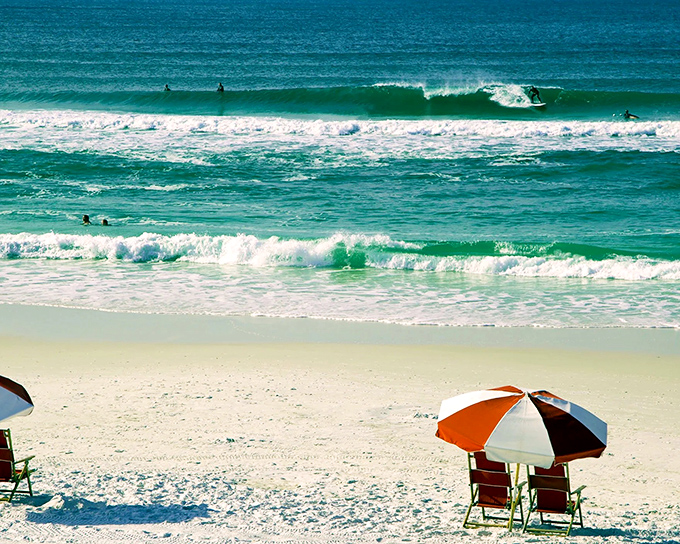 Sand so white and fine, it squeaks beneath your feet like nature's own welcome mat.