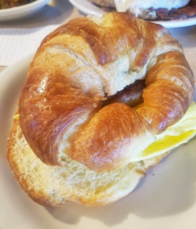 This croissant sandwich isn't trying to be French or fancy&mdash;it's just buttery, golden, and ready to make your morning significantly better.