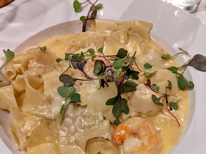 Seafood pappardelle that would make an Italian grandmother weep with joy &ndash; tender pasta swimming in a sauce that's been perfected over countless batches.