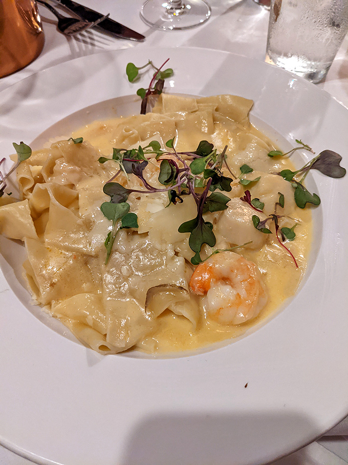 Seafood pappardelle that makes pasta jealous of its roommates. Those plump shrimp nestled among ribbons of pasta are having the party of a lifetime.