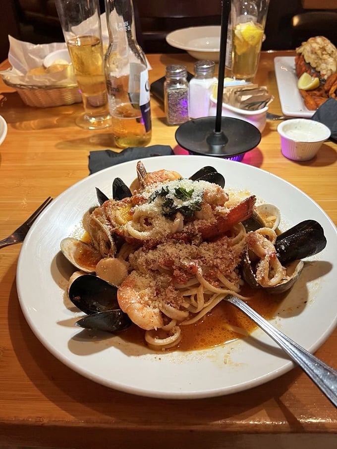 Seafood Pescatore that would make an Italian grandmother weep with joy. Mussels, shrimp, and pasta in perfect harmony.