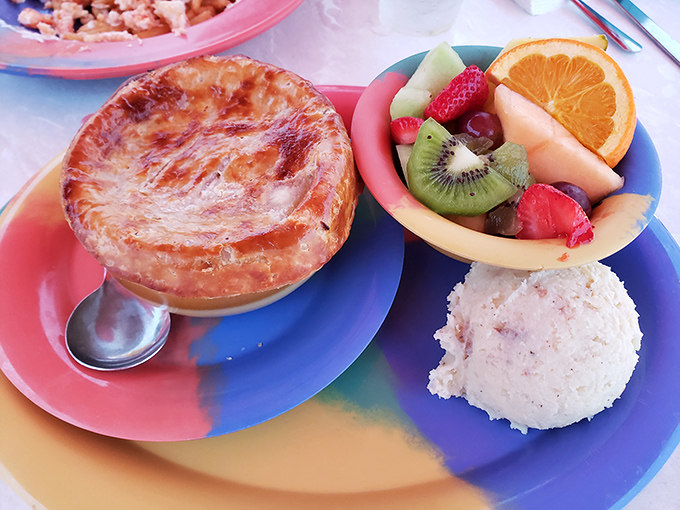 Not your grandmother's pot pie! This seafood version comes with a side of tropical fruit that makes you wonder why you ever settled for chicken.