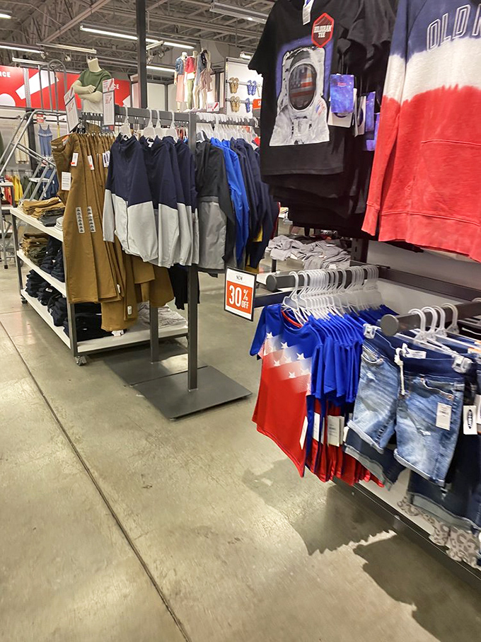 Old Navy's menswear section &ndash; where patriotic colors and 30% off tags create the most American shopping experience possible.