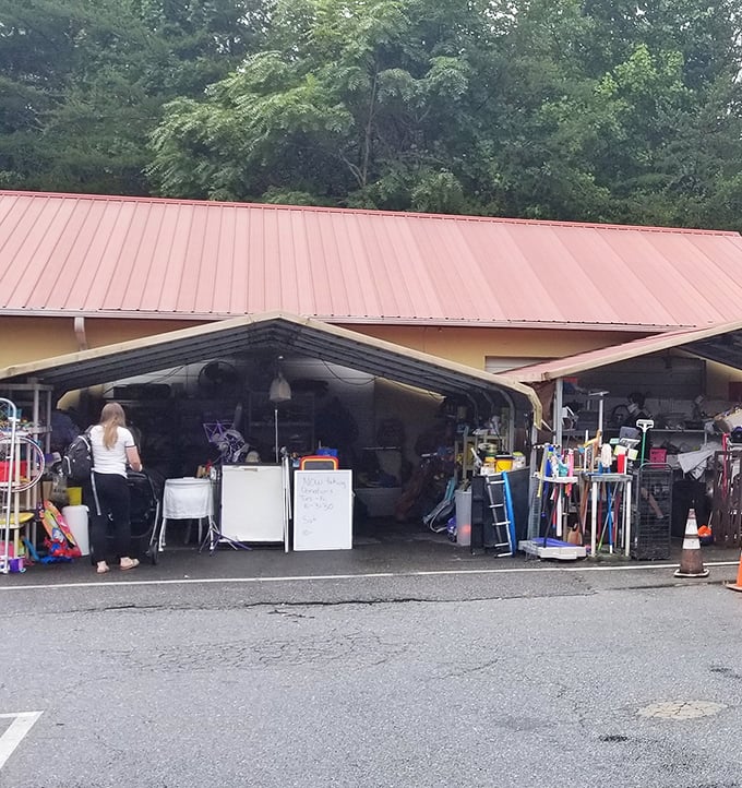 The outdoor section expands when weather permits, creating an impromptu open-air department store with treasures spilling into the sunshine.