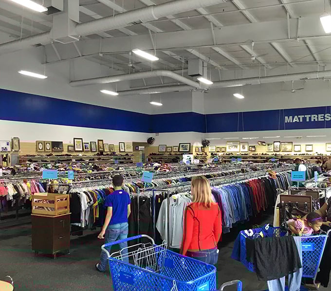 Blue shopping carts navigate the clothing archipelago as shoppers embark on their treasure-hunting expeditions. The thrill of the hunt is palpable!