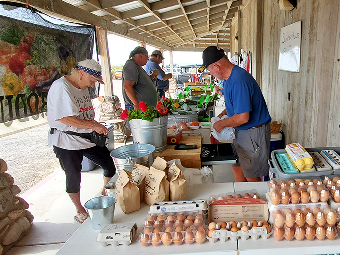 The true heart of any market: people connecting over fresh produce and friendly conversation, where shopping becomes a social event.
