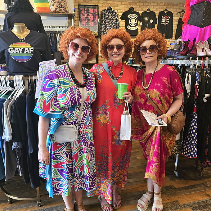 When your thrifting squad commits to the bit, complete with matching wigs and vintage caftans that scream "we're not just shopping, we're having an experience."