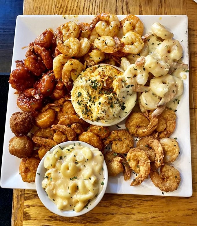 Shrimp prepared four ways surrounding creamy mac and cheese&mdash;proof that sometimes you can have it all on one magnificent plate.
