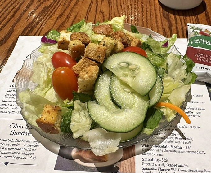 Even the salads here mean business. Fresh veggies and homemade croutons prove that Amish Country knows its way around the garden too.