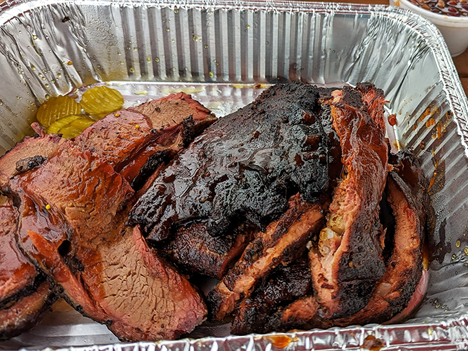 These slices of brisket have the kind of bark that doesn't just talk the talk &ndash; it smokes the smoke. Meat candy at its finest.