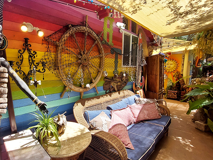 Sunshine, wicker, and a rainbow wall&mdash;proof that sometimes the best design is equal parts bold and breezy.