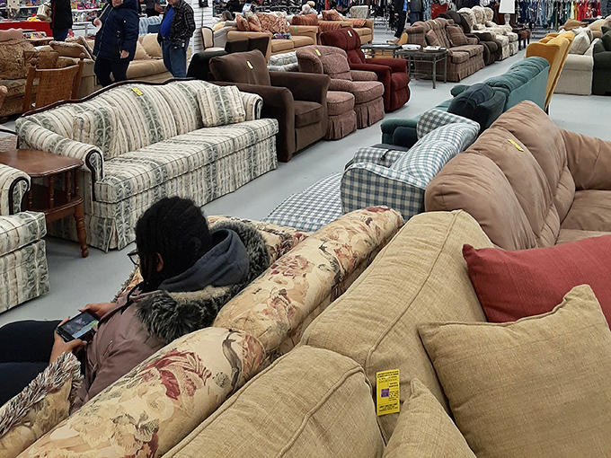 The sofa section resembles a living room convention, where every comfortable seat has a history and is ready to start a new chapter in your home.