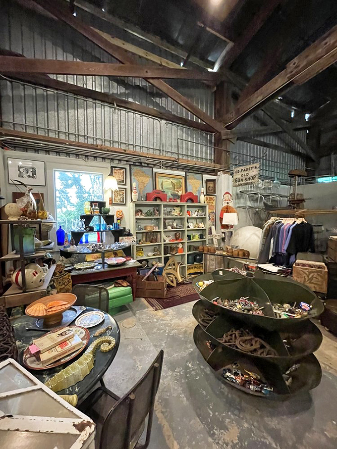 Exposed beams and industrial charm create the perfect backdrop for this treasure hunter's paradise of carefully curated collectibles.