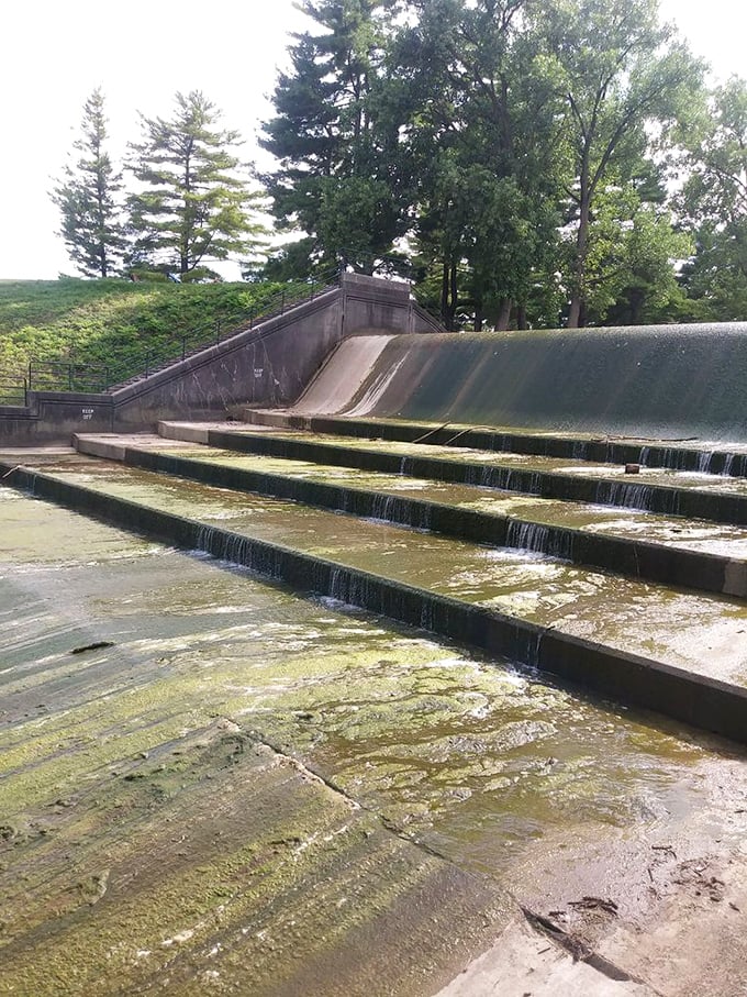 The spillway steps create a mesmerizing cascade, nature's version of a soothing sound machine that drowns out the noise of everyday life.