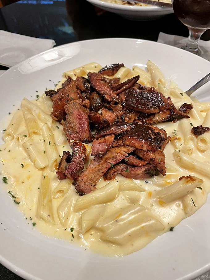 This isn't just pasta with meat&mdash;it's a love story between tender steak and creamy mac & cheese that would make Shakespeare weep.