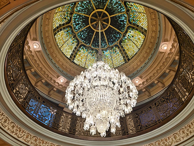 Look up! This stained glass dome and crystal chandelier combo is what happens when "go big or go home" meets "the sky's the limit."