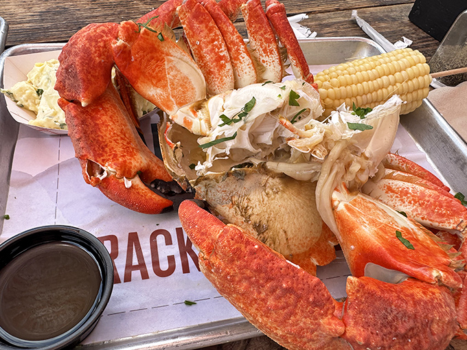 This isn't just a lobster&mdash;it's a crustacean celebration complete with corn on the cob, the kind of meal that demands a bib and zero dignity.