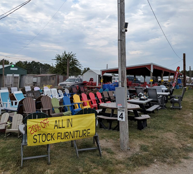 Rainbow-hued Adirondack chairs beckon weary shoppers, their cheerful colors promising backyard relaxation after a day of serious bargain hunting.