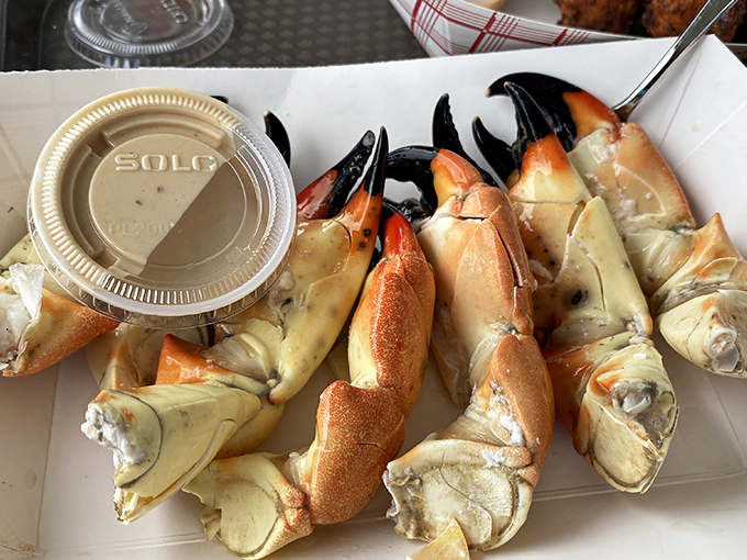 Fresh stone crab claws served simply with mustard sauce - sometimes perfection needs no fancy presentation whatsoever.
