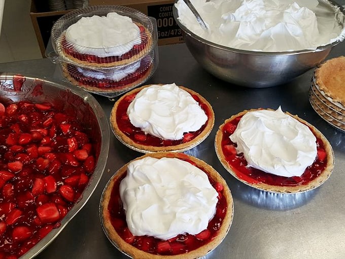 Fresh strawberry pies topped with clouds of whipped cream&mdash;proof that heaven exists and it's located in Apple Creek, Ohio.