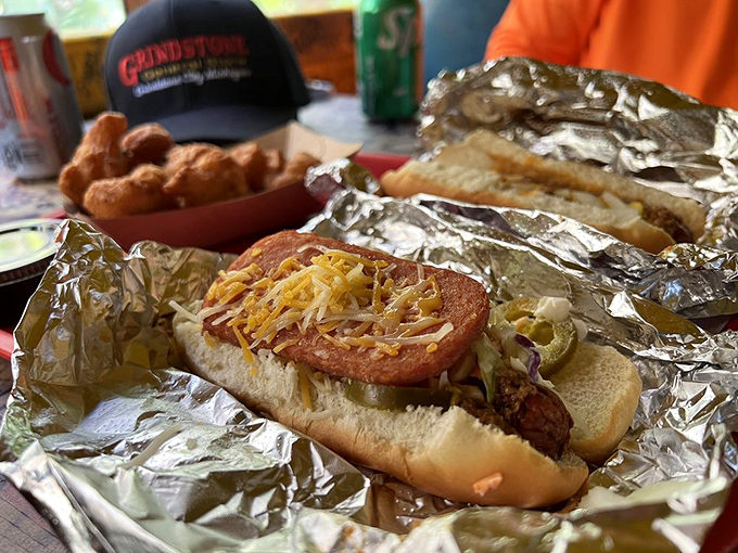 Behold the Strictly Business Dog in all its glory! When your hot dog comes wrapped in foil, you know they're not messing around.