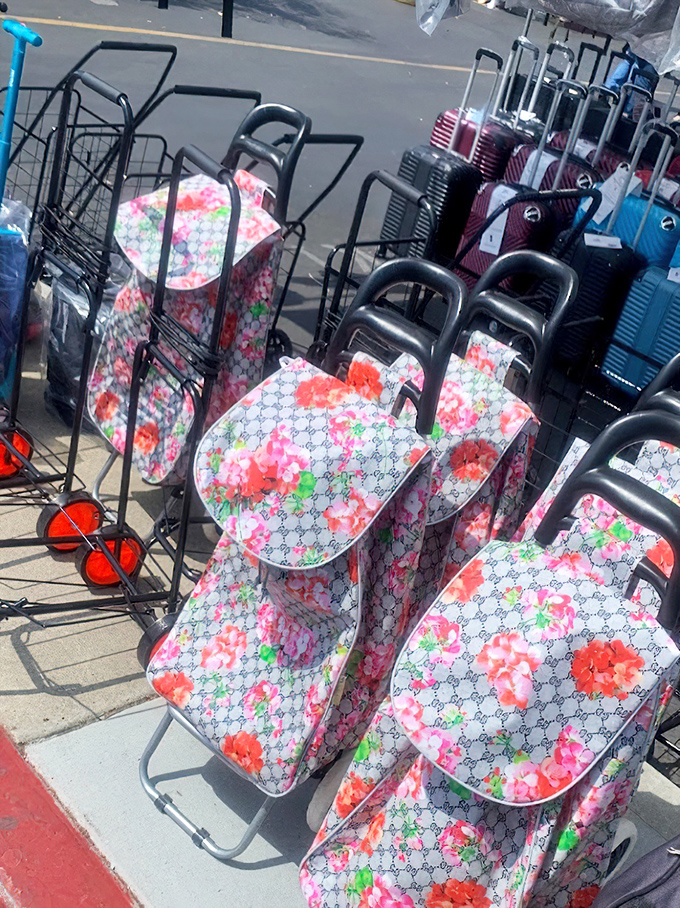 Shopping carts with personality! These floral beauties make hauling your treasures feel like a stroll through a fashion runway.
