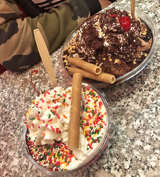 Two sundaes that don't just satisfy cravings &ndash; they throw a party for your palate. The wafer sticks stand like flagpoles marking conquered territory.