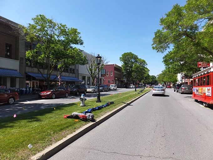 Sunlight bathes Wellsboro's downtown in golden warmth, highlighting the meticulous preservation of buildings that have witnessed generations of small-town life unfold.
