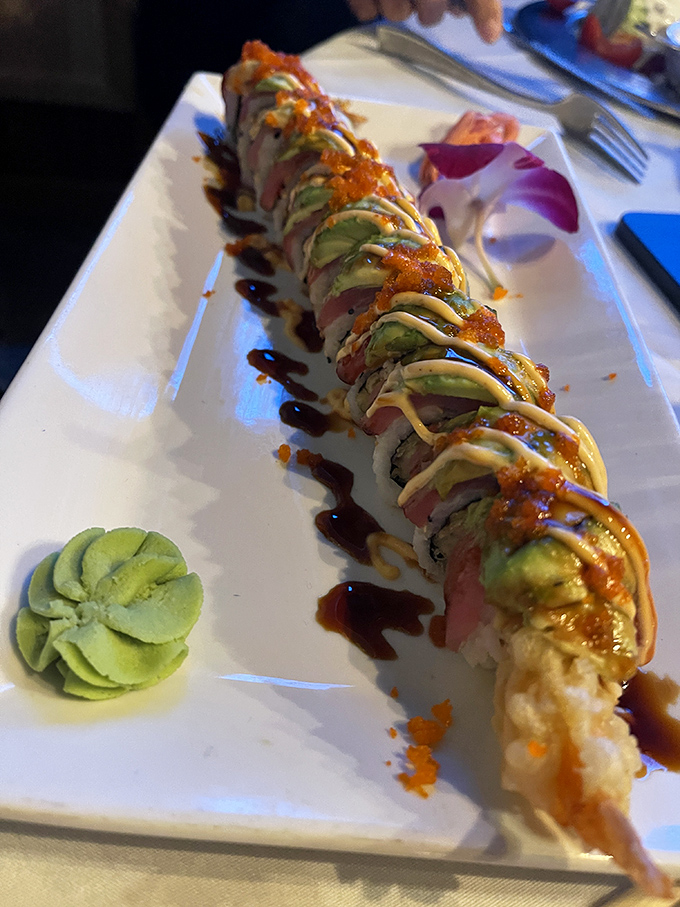 This isn't just sushi; it's a Florida Keys interpretation where avocado, fresh fish, and a drizzle of sauces create an edible work of art worthy of its own gallery opening.