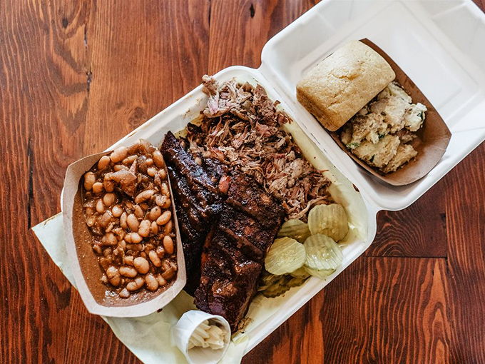 A barbecue plate that would make a Texan nod in approval&mdash;smoky ribs, pulled pork, and beans that didn't come from any can.